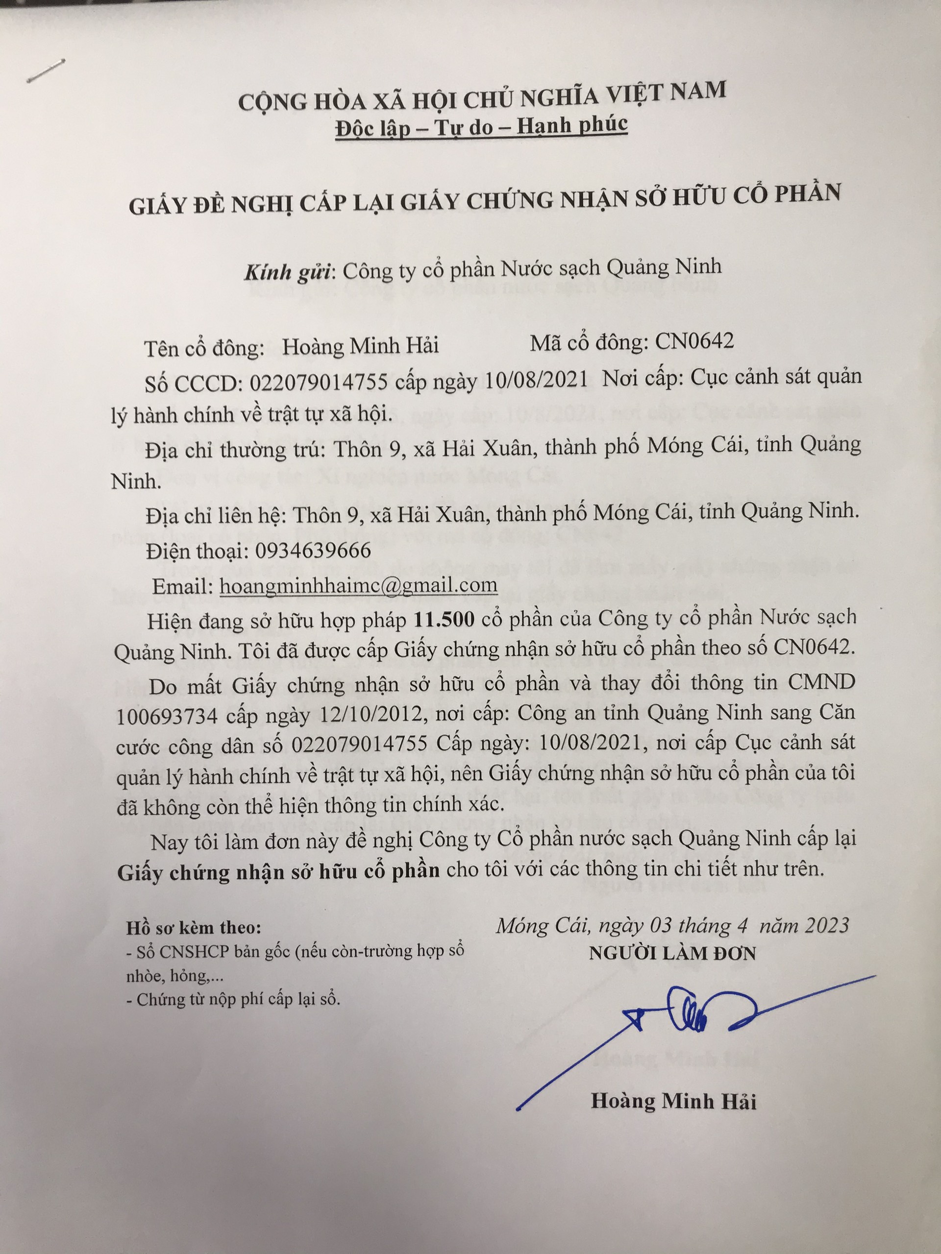 Công bố Giấy đề nghị cấp lại giấy chứng nhận sở hữu cổ phần của cổ đông ...